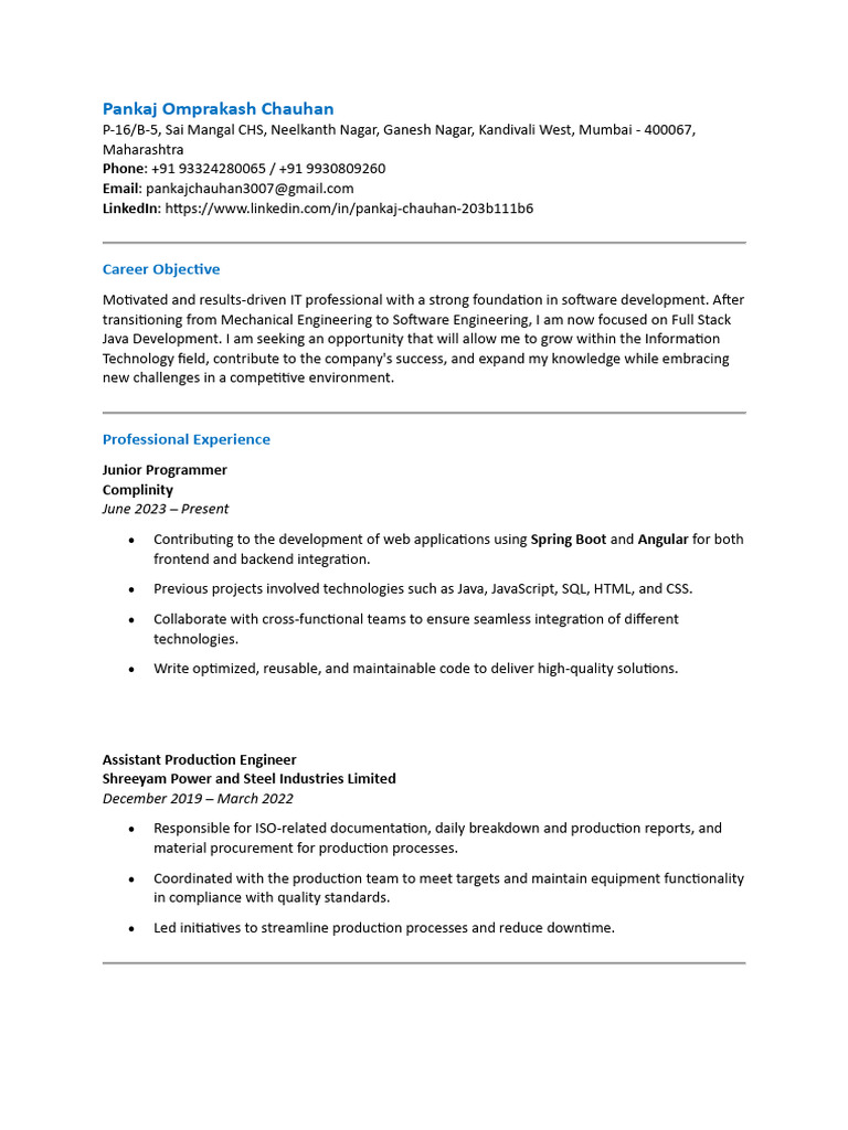 Pankaj Omprakash Chauhan - 2025 Resume | PDF | Computer Programming | Software