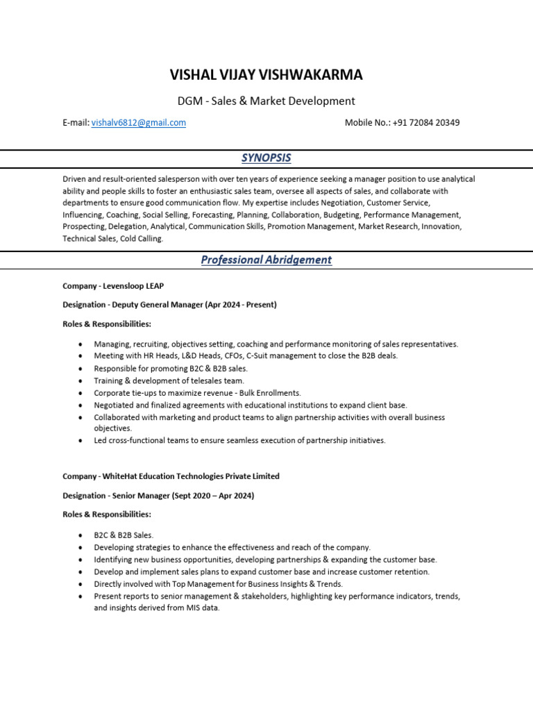 Vishal_Resume_2025 | PDF | Sales | Business