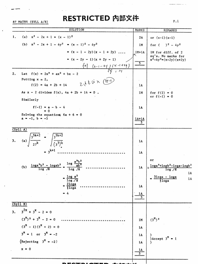 HKCEE Math 1987 Paper 1 Marking | PDF