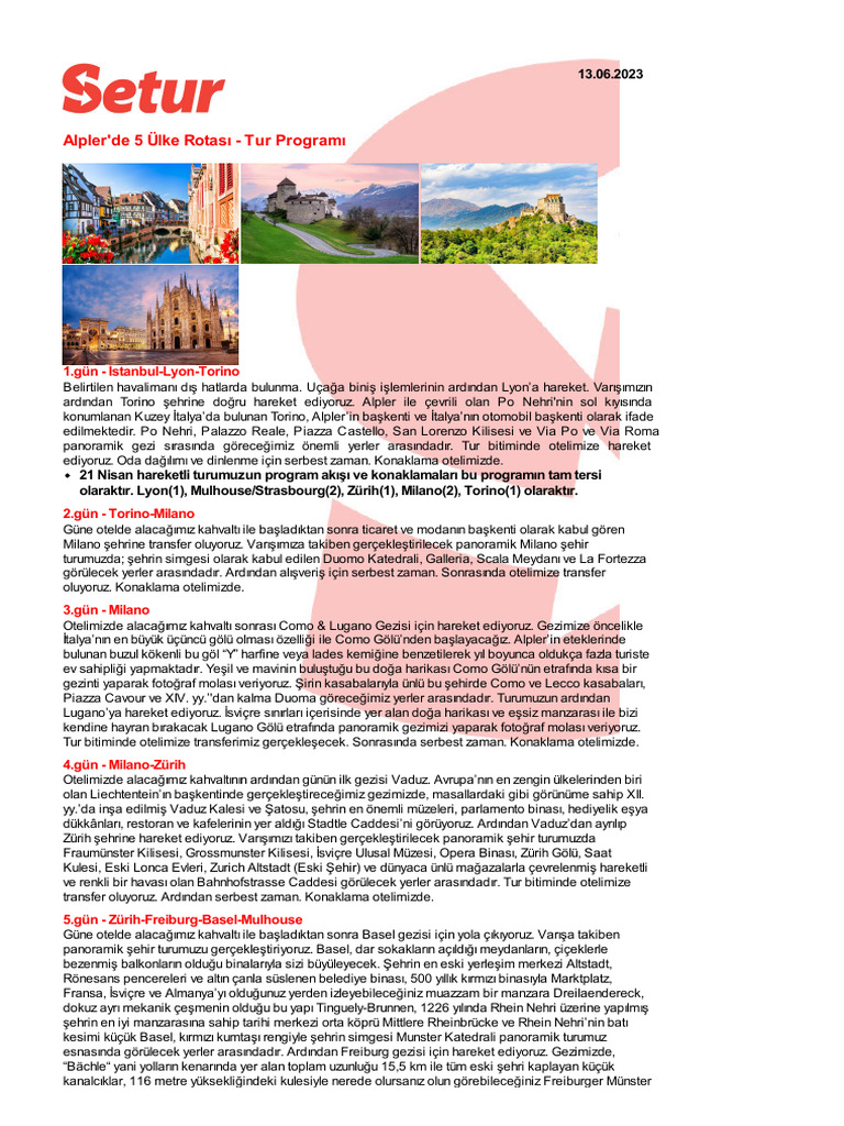 Alpler'de 5 Ülke Rotası - Tur Programı | PDF