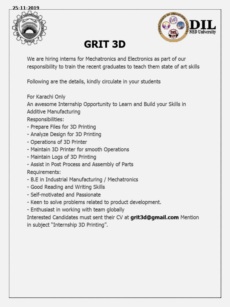 Internship in 3D Printing - Karachi | PDF