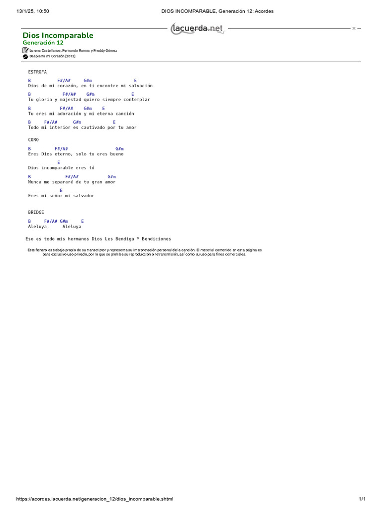 Dios Incomparable, Generación 12 - Acordes | PDF