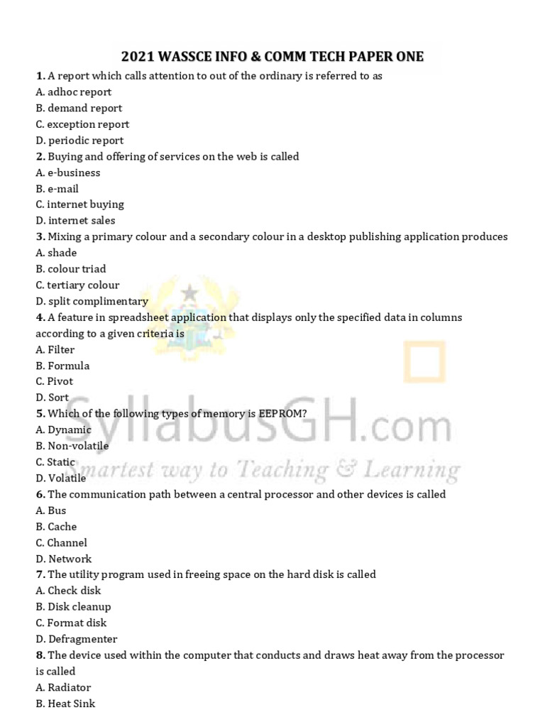 2021 Wassce Info & Comm Tech Paper One | PDF | Network Topology ...