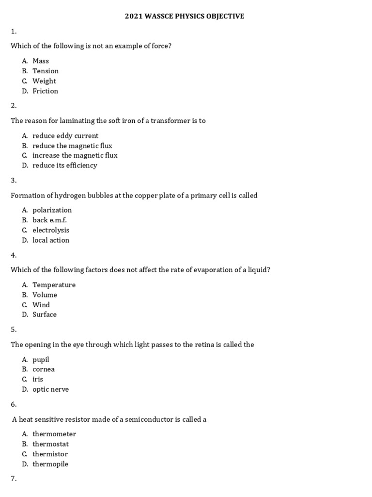WASSCE Physics Exam Questions | PDF | Force | Waves