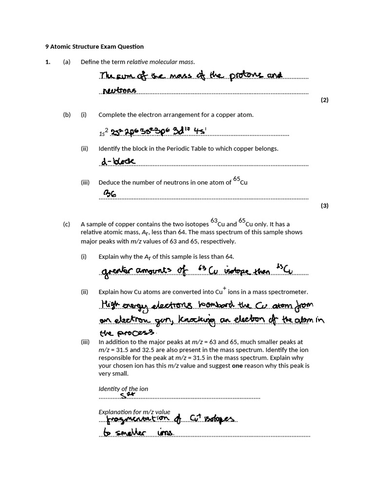 Atomic Structure Exam Questions | PDF | Time Of Flight Mass ...