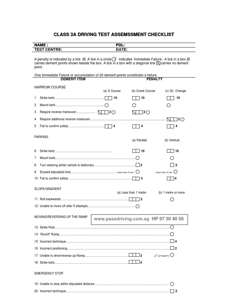 Class 3A Driving Test Assemssment Checklist Class 3A Driving Test ...