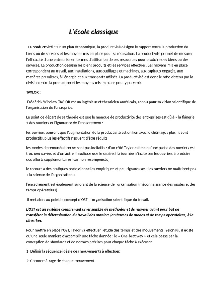 École classique : Productivité et Organisation | PDF | Motivation ...