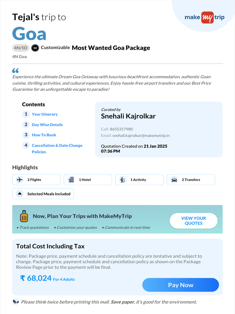 Most Wanted Goa Package | PDF | Taxes | Fee