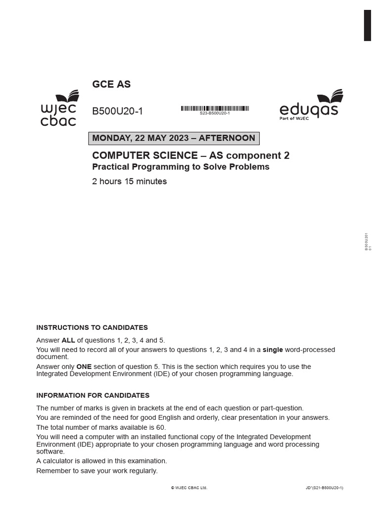 June 2023 QP - Component 2 Eduqas Computer Science AS-level | PDF | Computer File | Disk Storage
