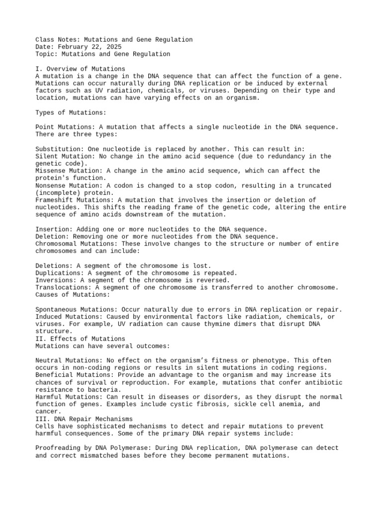 Class Notes Mutations and Gene Regulation.txt | PDF | Mutation | Dna Repair