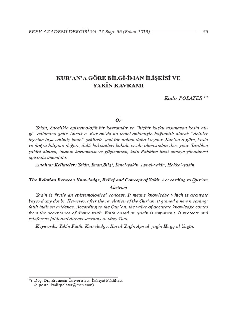 KUR’AN’A GÖRE BİLGİ-İMAN İLİŞKİSİ VE YAKÎN KAVRAMI | PDF
