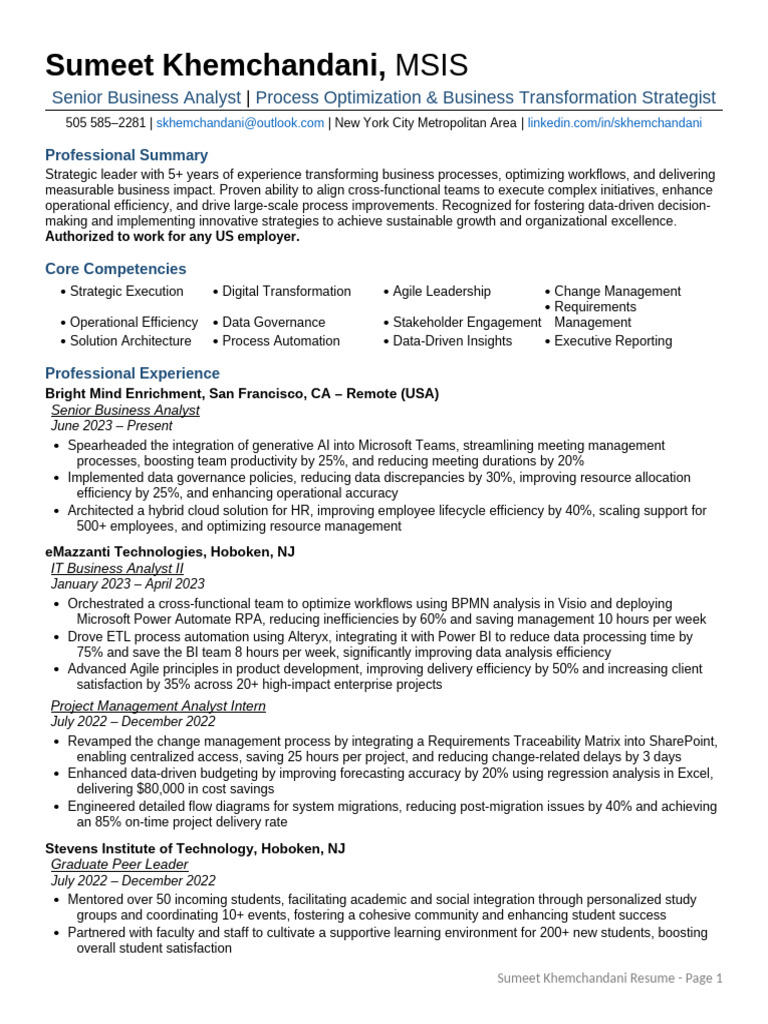Sumeet Khemchandani-Senior Business Analyst Resume 2024 | PDF | Scrum ...