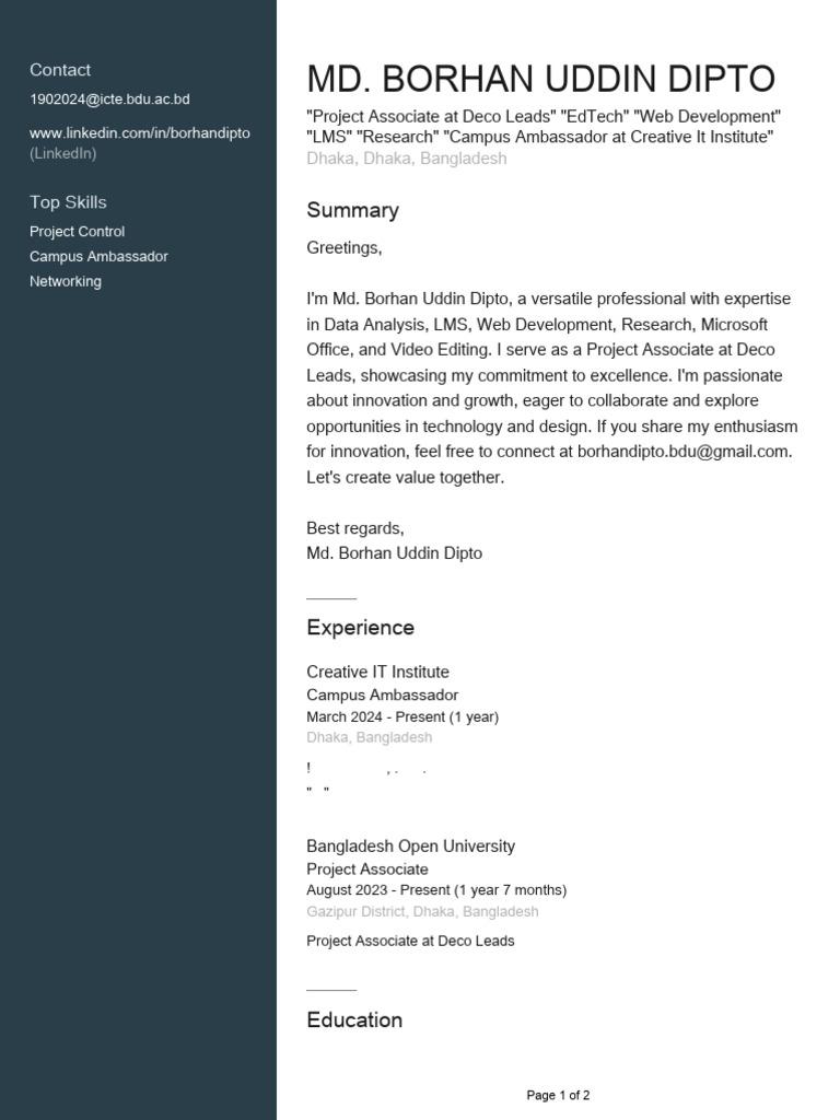 Md. Borhan Uddin Dipto - Project Associate Profile | PDF