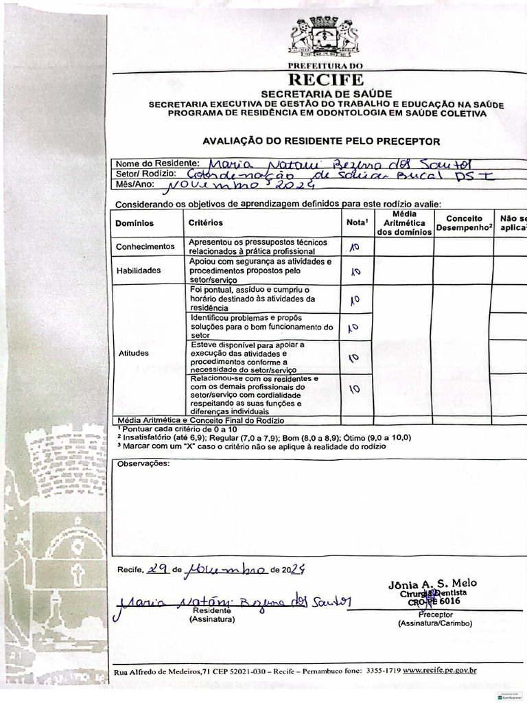 PROSC Avaliacao Do Residente Novembro 20 | PDF