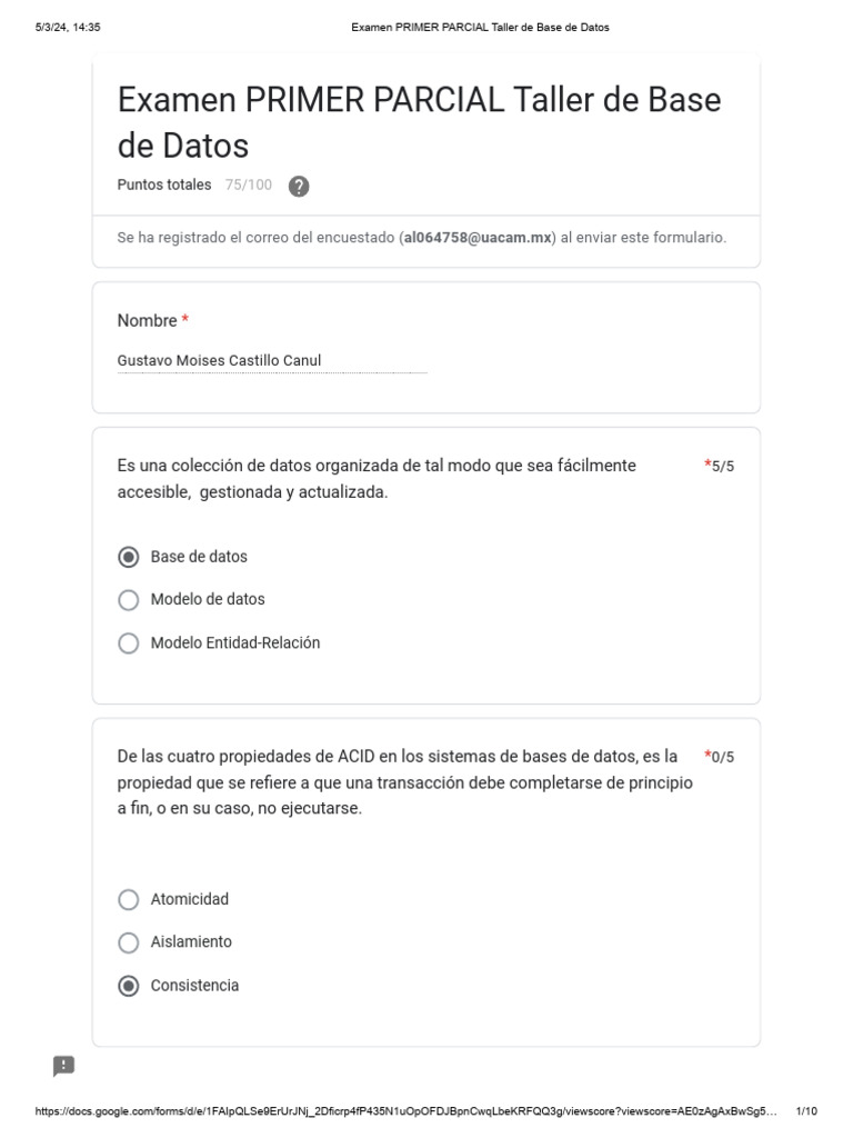 Examen Parcial de Bases de Datos | PDF | Bases de datos | Servidor SQL de Microsoft