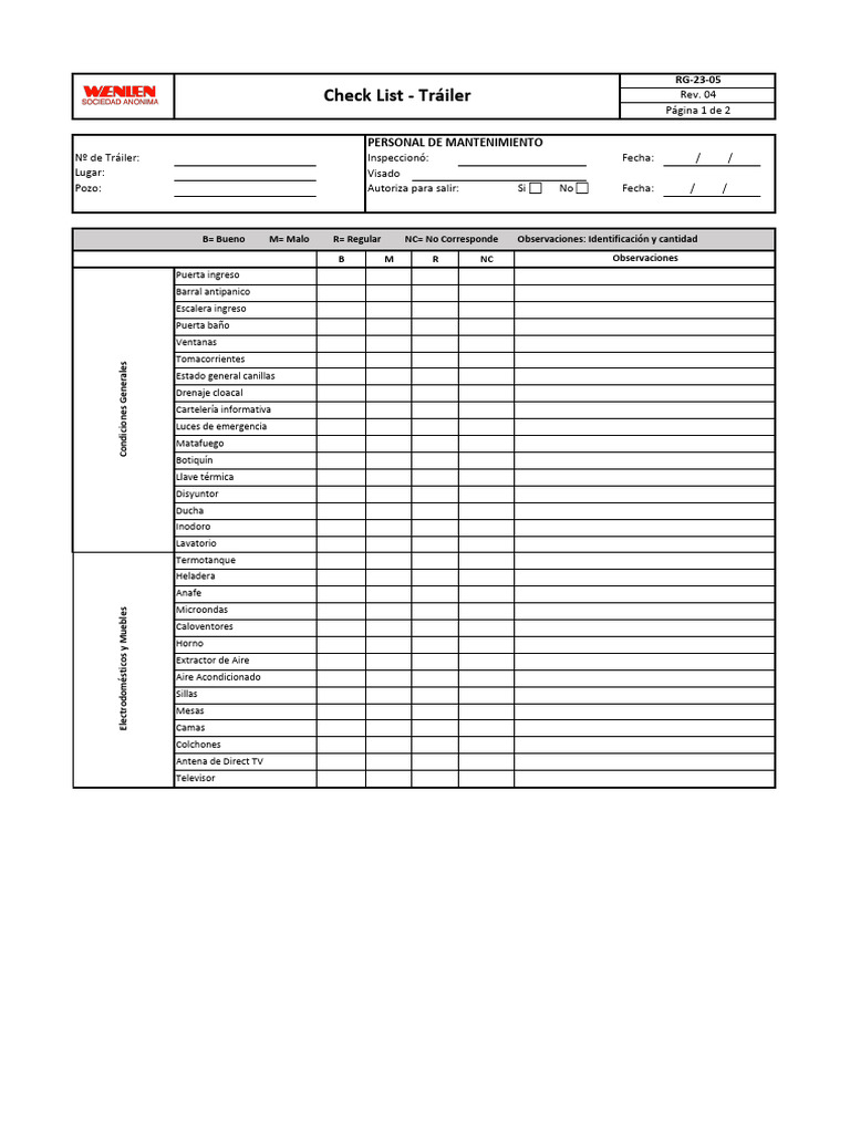 Checklist De Mantenimiento De Tráiler Pdf Implementos Nacionales