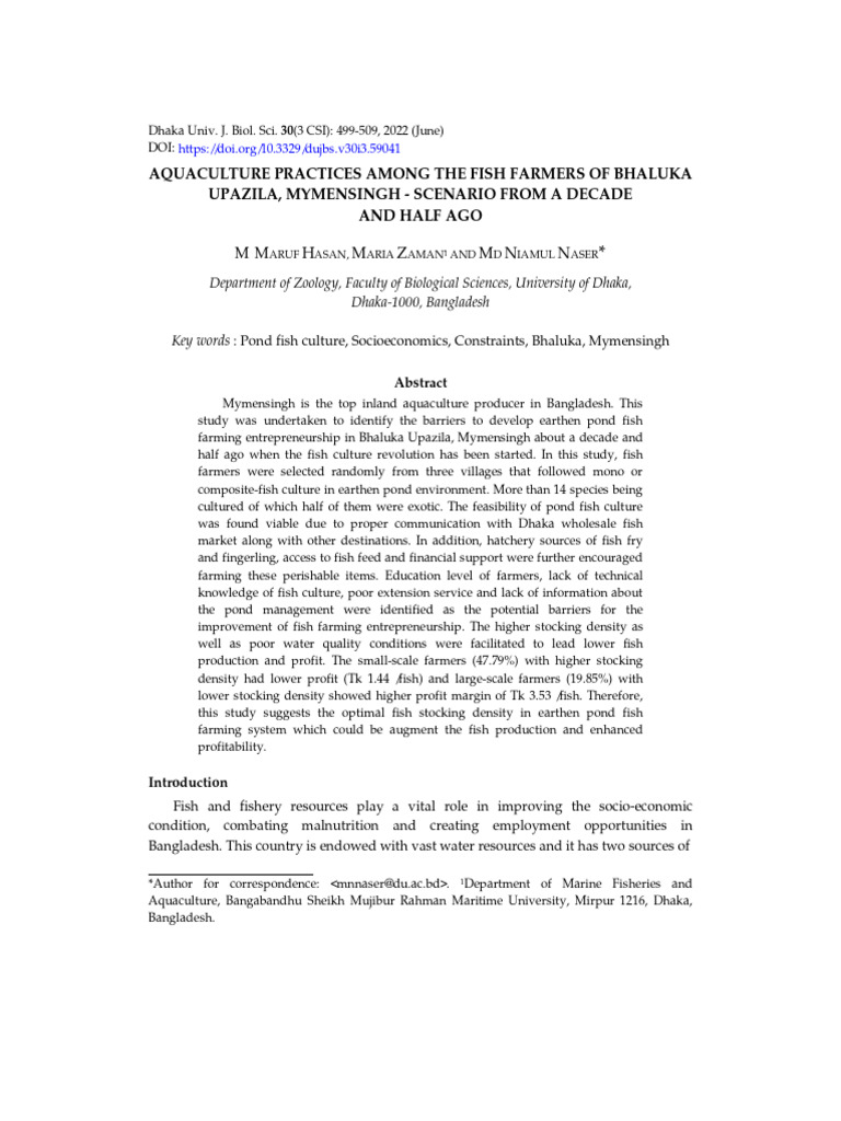 Aquaculture Practices in Bhaluka, Mymensingh | PDF | Aquaculture | Fishery