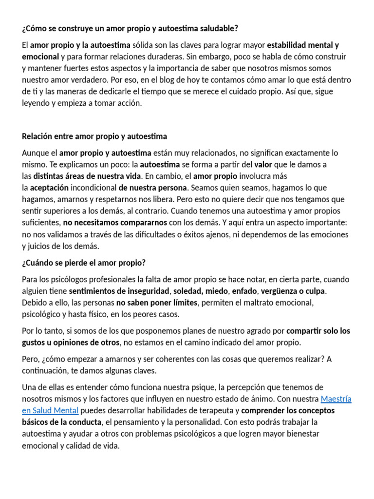 Construye amor propio y autoestima saludable | PDF | Autoestima | Amor