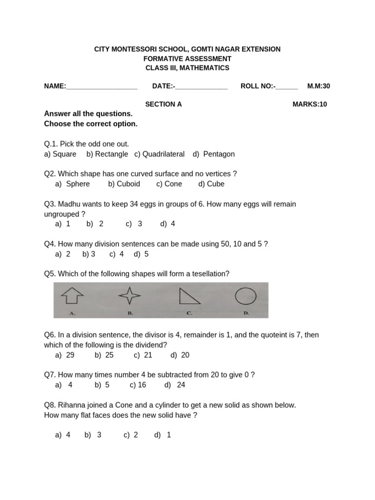 Class III Math Formative Assessment | PDF | Shape | Classical Geometry