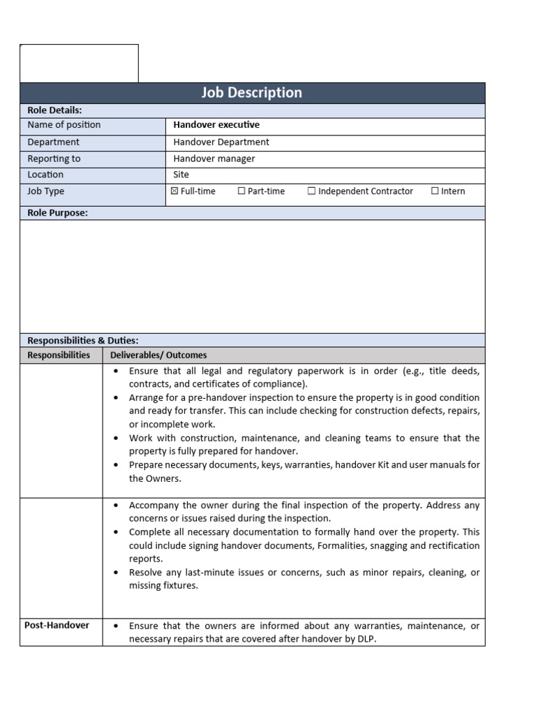 Handover Executive Job Description | PDF | Business