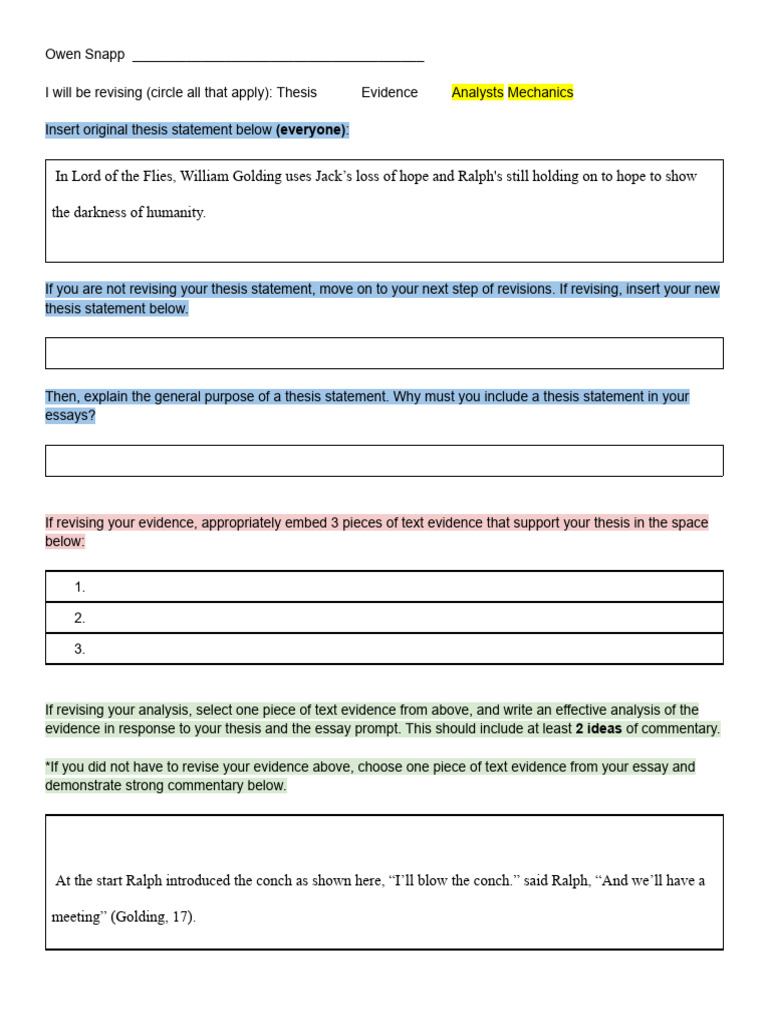 Copy of LOTF Essay Revision Worksheet PDF | PDF