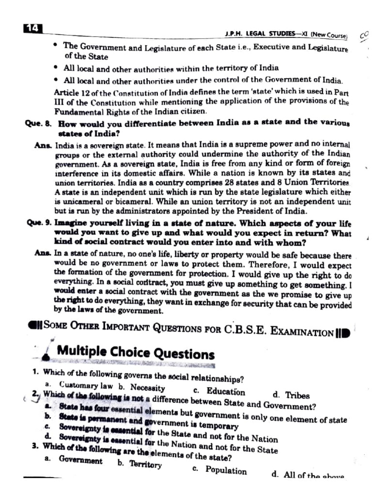 Class 11 Legal Studies: Chapter 1 MCQs | PDF | Sovereignty