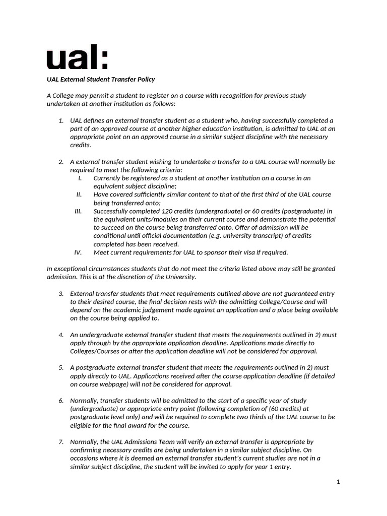 UAL External Transfer Student Policy | PDF | Postgraduate Education ...