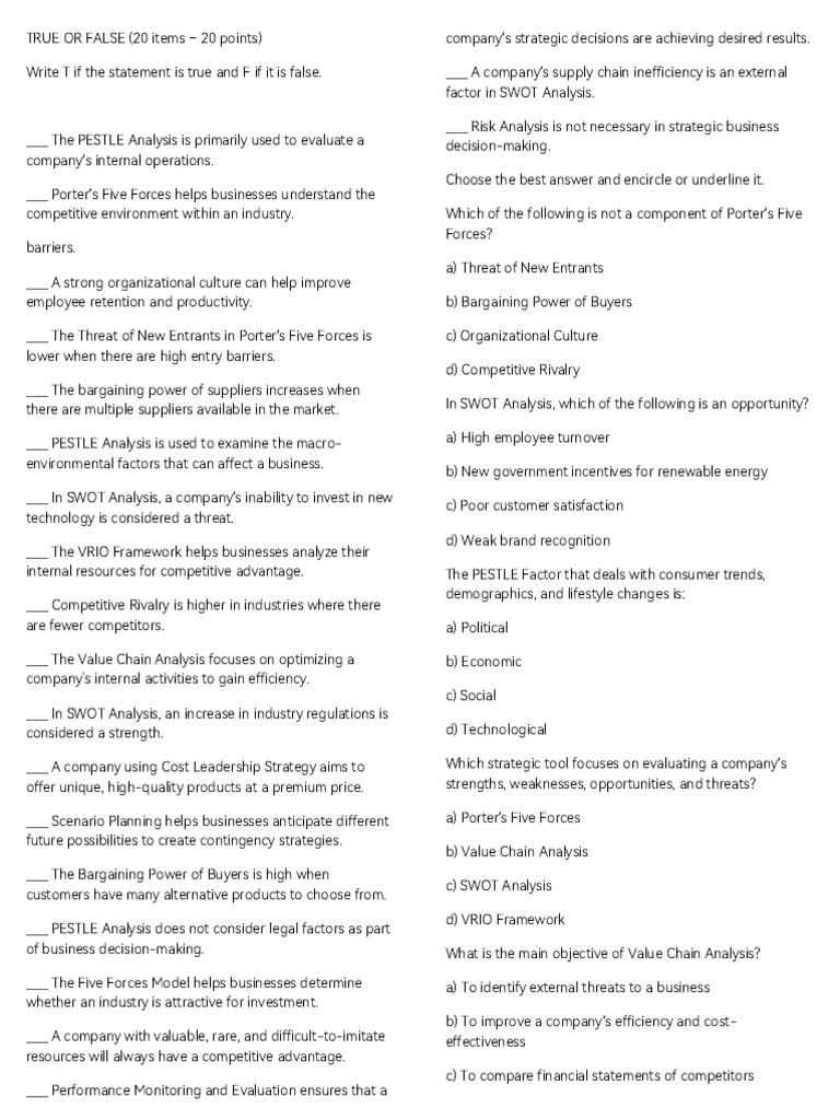 Business Strategy True or False Quiz | PDF | Swot Analysis | Strategic ...