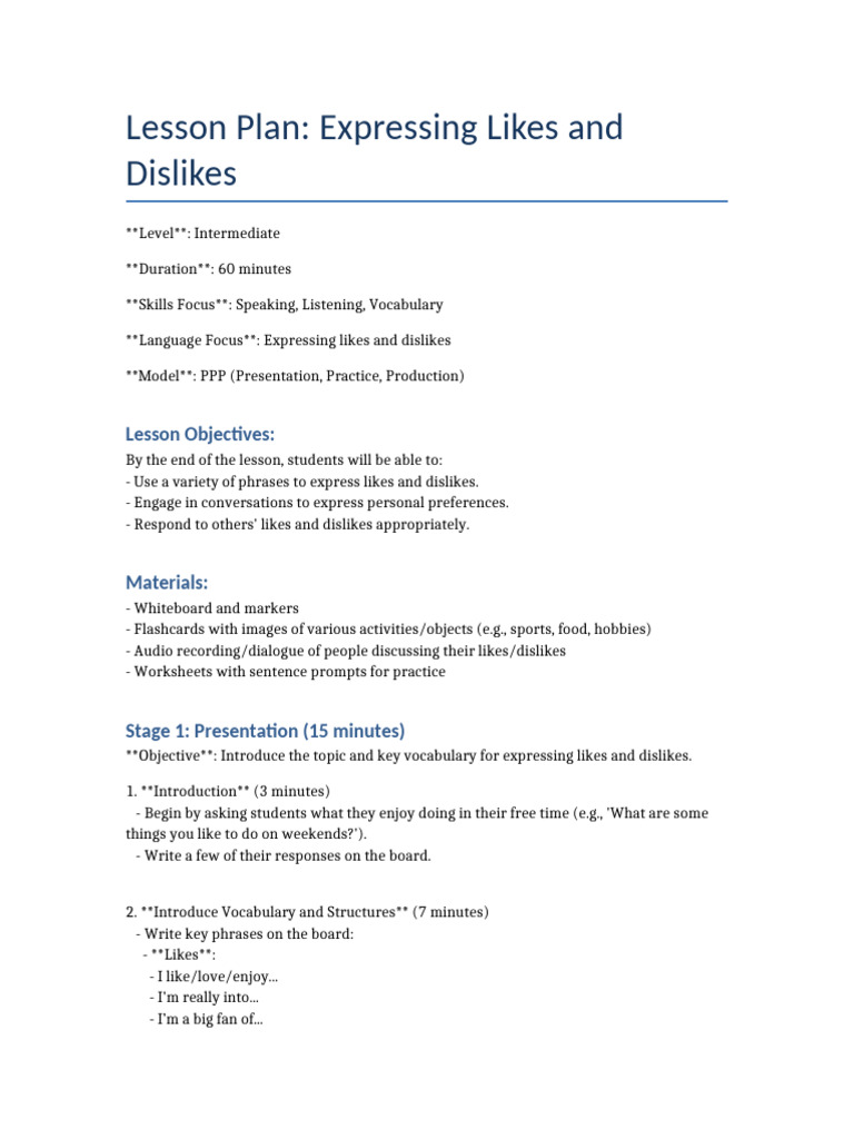 Lesson Plan: Expressing Likes & Dislikes | PDF | Vocabulary | Applied ...