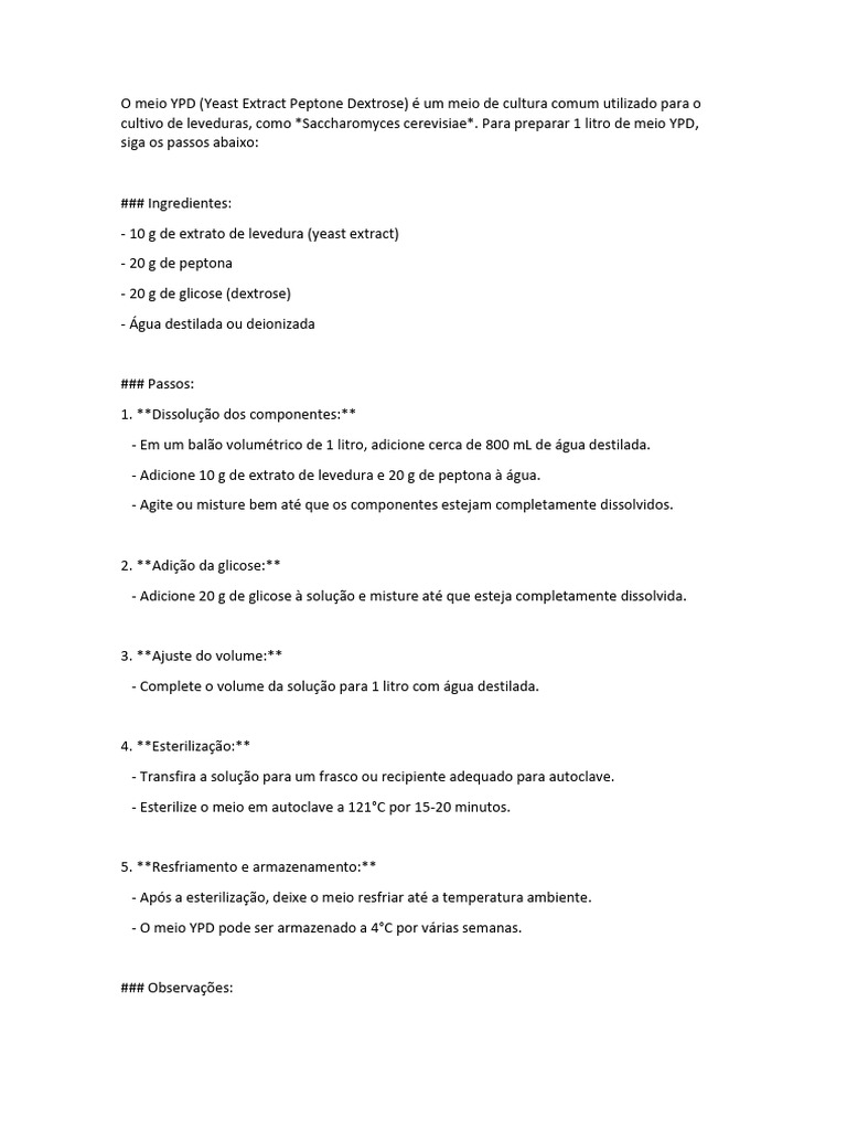 Preparo do Meio YPD para Leveduras | PDF