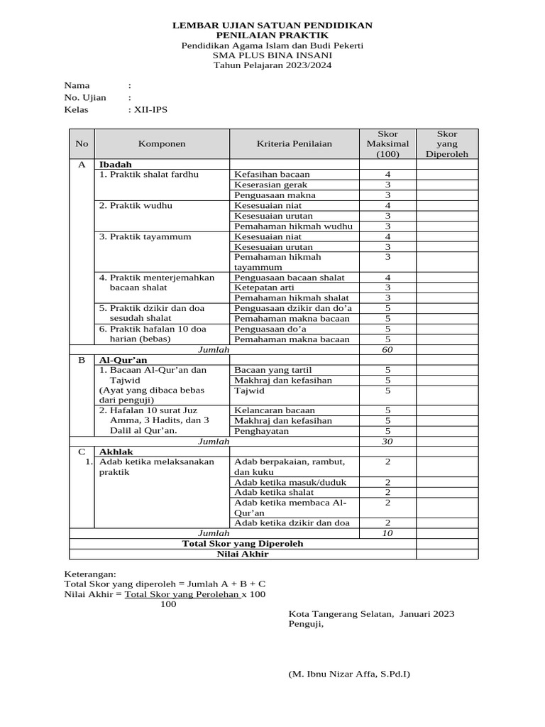 Penilaian Praktik PAI SMA | PDF