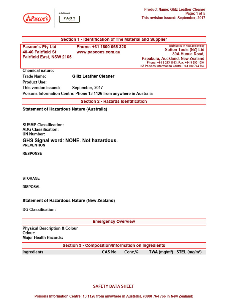 GHS Signal Word: NONE. Not Hazardous.: Glitz Leather Cleaner | PDF ...