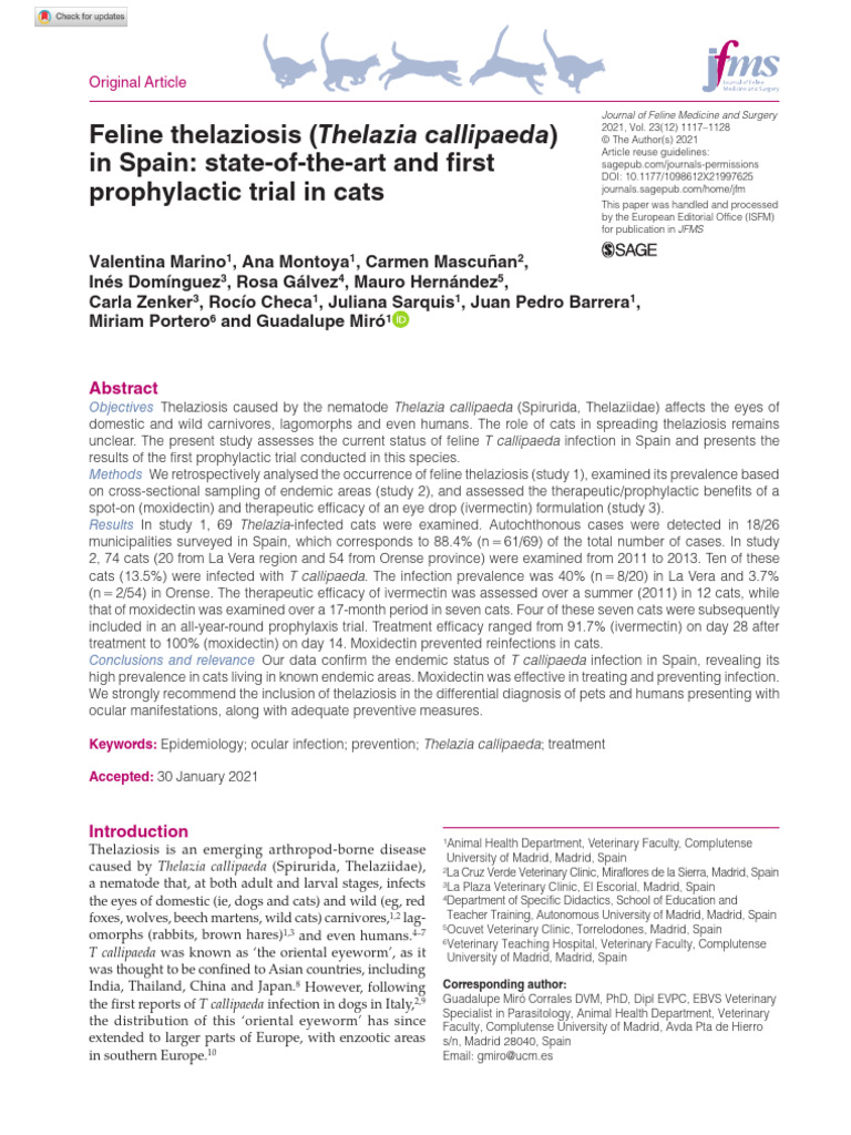 Marino Et Al 2021 Feline Thelaziosis Thelazia Callipaeda in Spain State ...