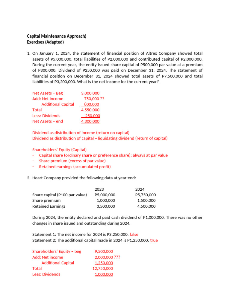 Exercises - Capital Maintenance Approach | PDF | Equity (Finance ...