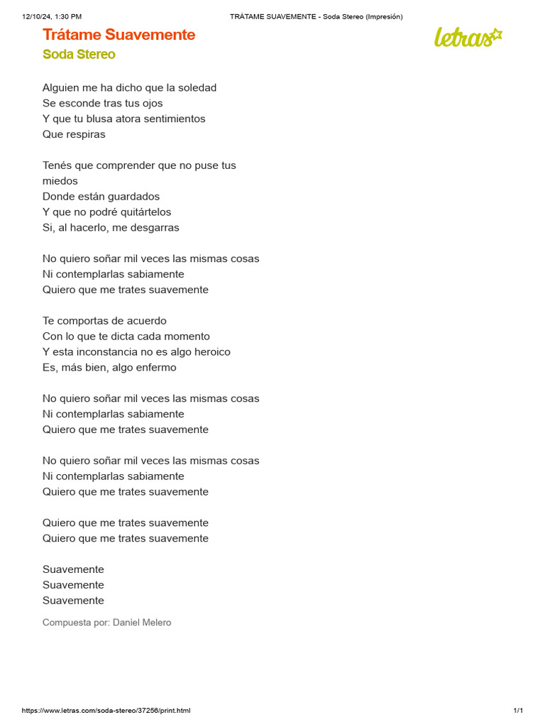 TRÁTAME SUAVEMENTE - Soda Stereo (Impresión) | PDF