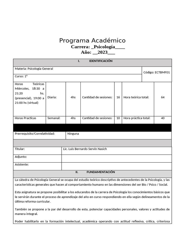 Programa de Psicología General 2023 | PDF | Las emociones | Sicología