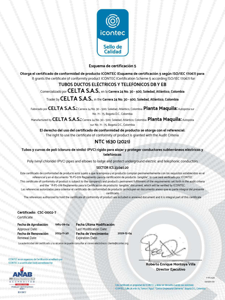 Certificado Tubería Celta | PDF