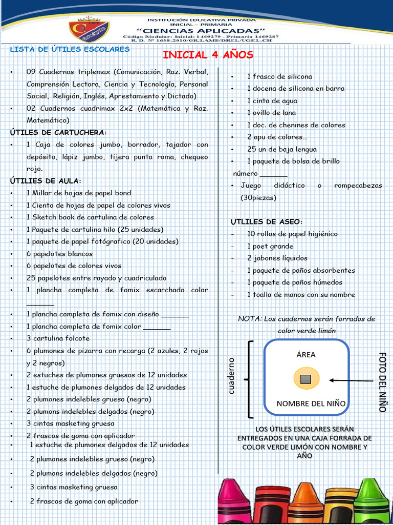 LISTA DE ÚTILES ESCOLARES - 4años | PDF | Papelería | Papel