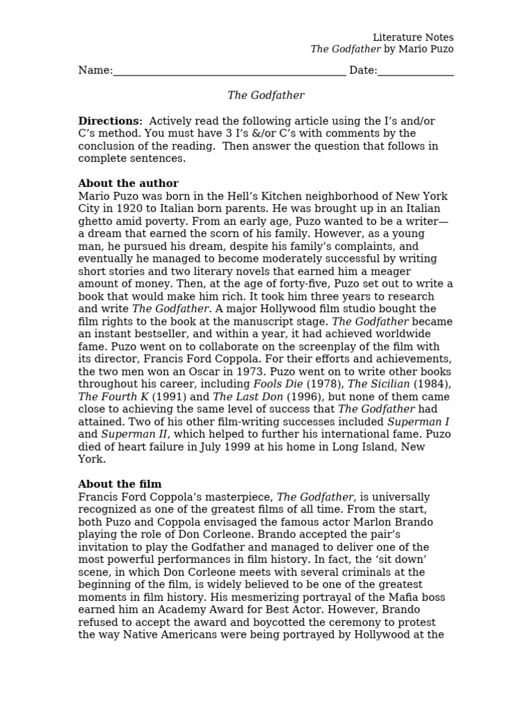 The Godfather: A Literary Overview | PDF