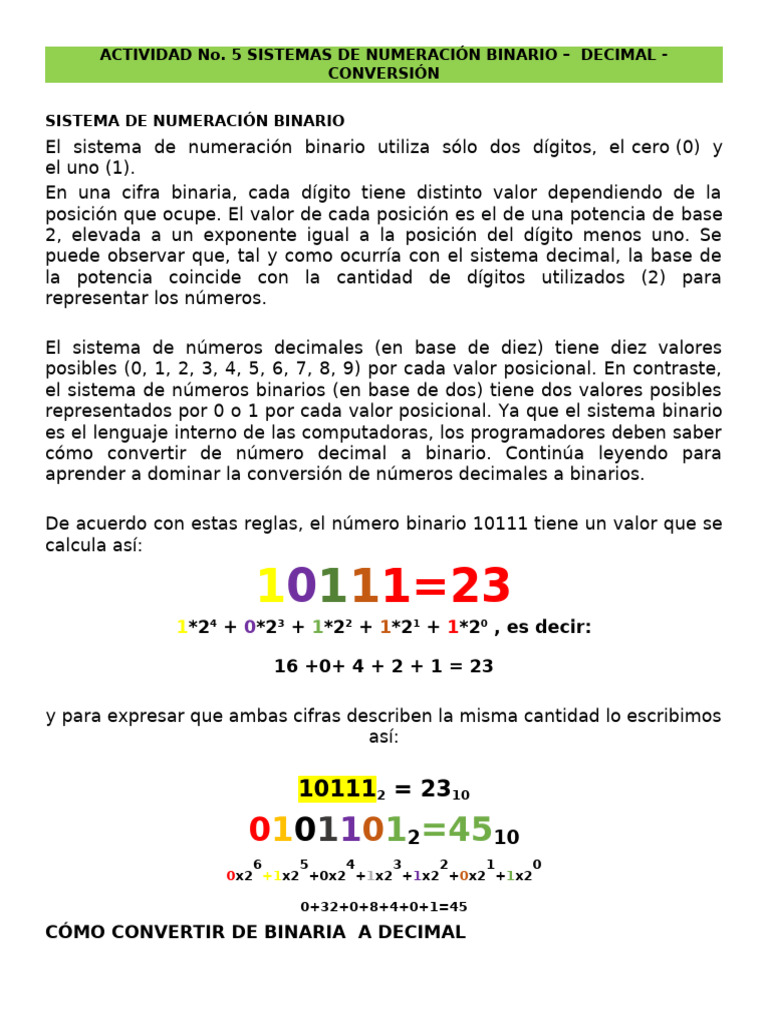 Conversión entre binario y decimal | PDF | División (Matemáticas) | Decimal