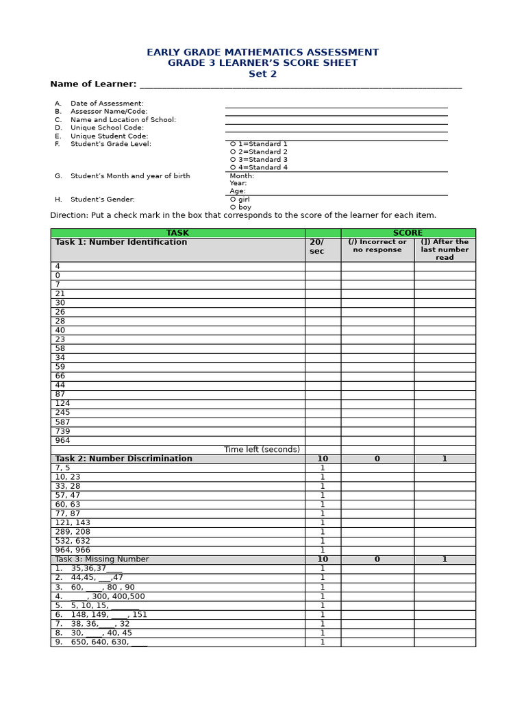 EGMA SET 2 - LEARNER SCORESHEET Updated FEB 5 | PDF