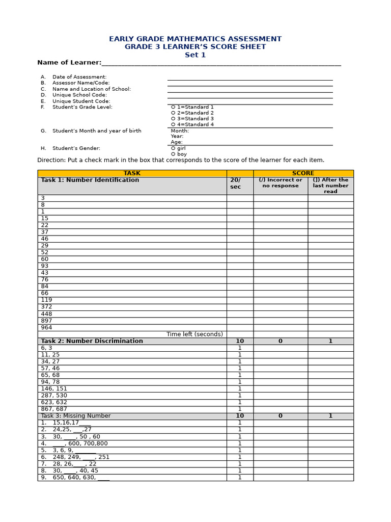 Grade 3 Math Assessment Score Sheet | PDF
