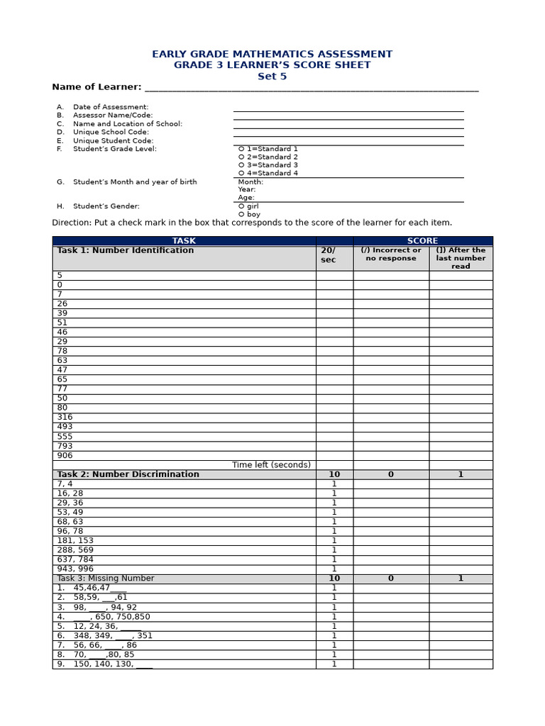 EGMA SET 5 - LEARNER SCORESHEET Updated FEB 5 | PDF