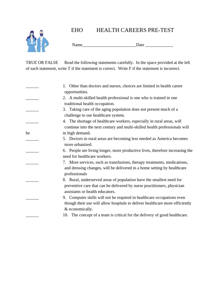 Autumn Aponte - Copy of Eho Health Careers Pre-Test | PDF | Health ...