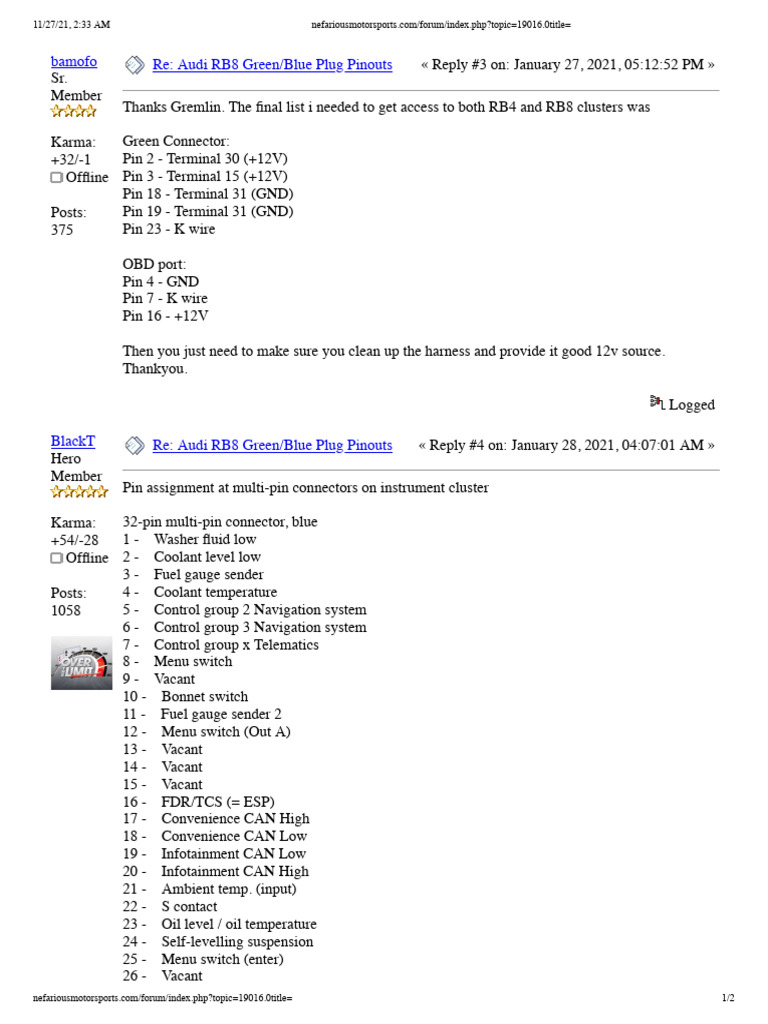 Audi RB8 Green/Blue Plug Pinouts Guide | PDF | Automotive Technologies ...