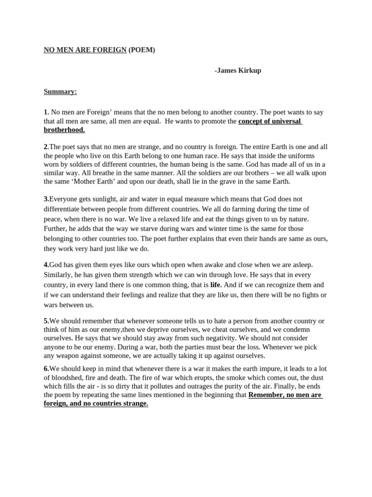 No Men Are Foreign - Notes For Class-1 | PDF | Poetry