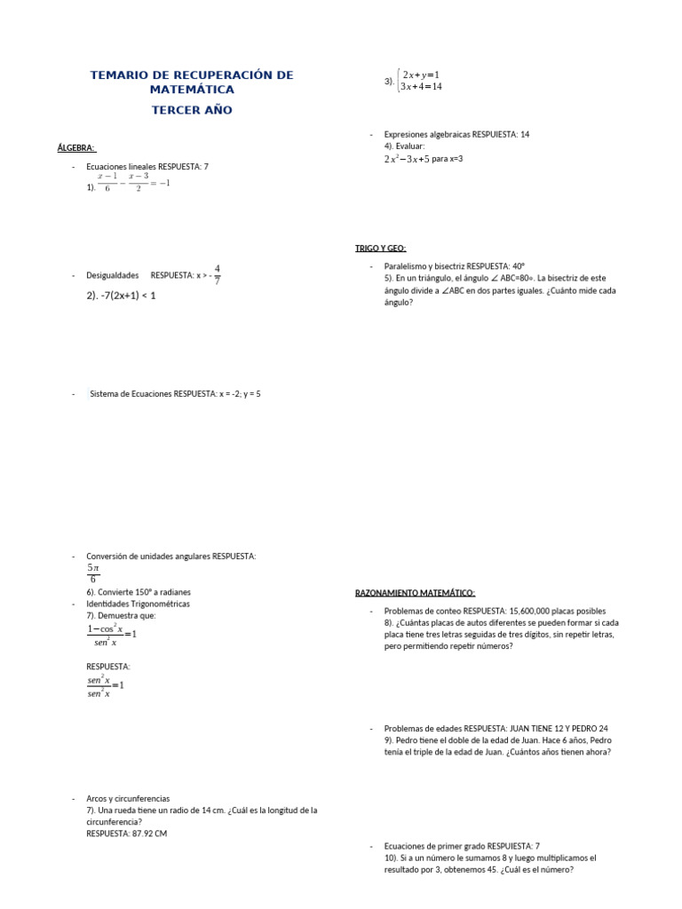 Temario Matemática 3ro[1] | PDF | Ángulo | Matemáticas