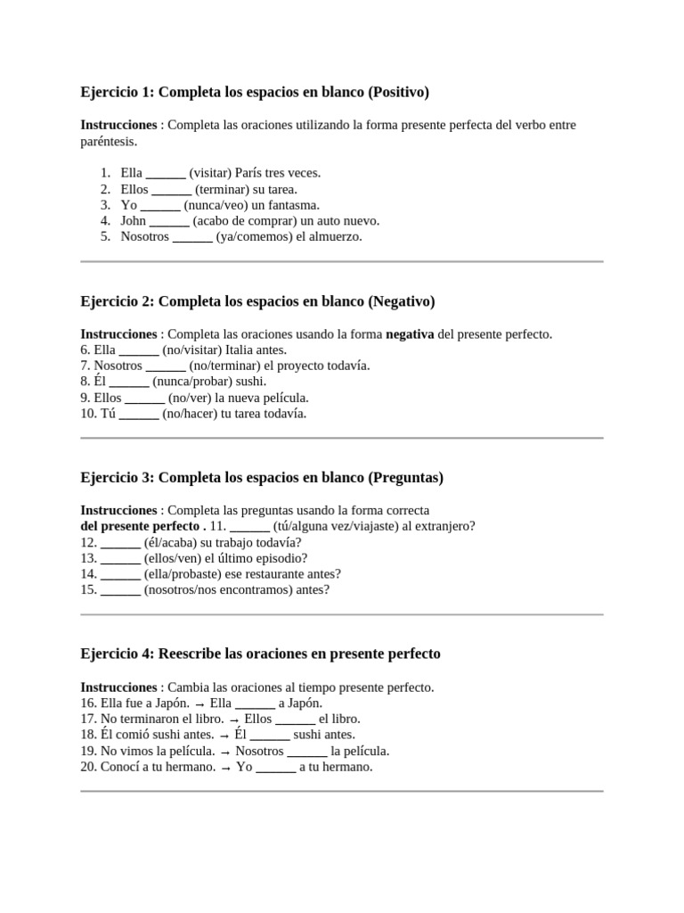 Ejercicios de Present Perfect | PDF