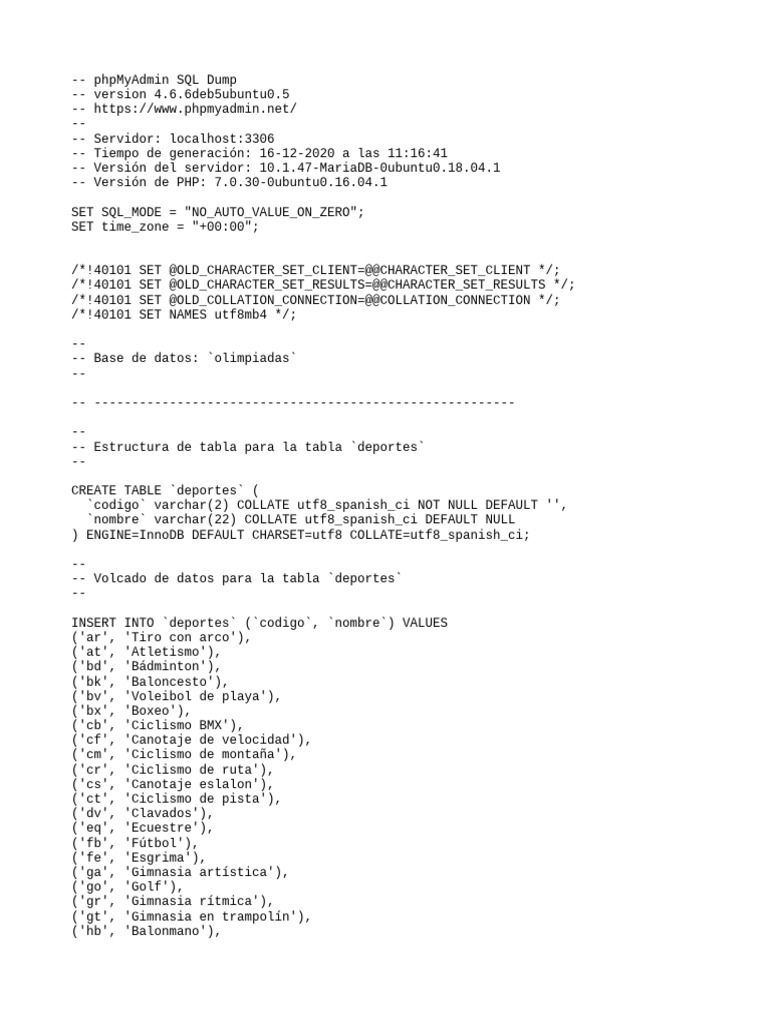 Volcado de Datos de Olimpiadas | PDF | SQL | Paradigmas de programación