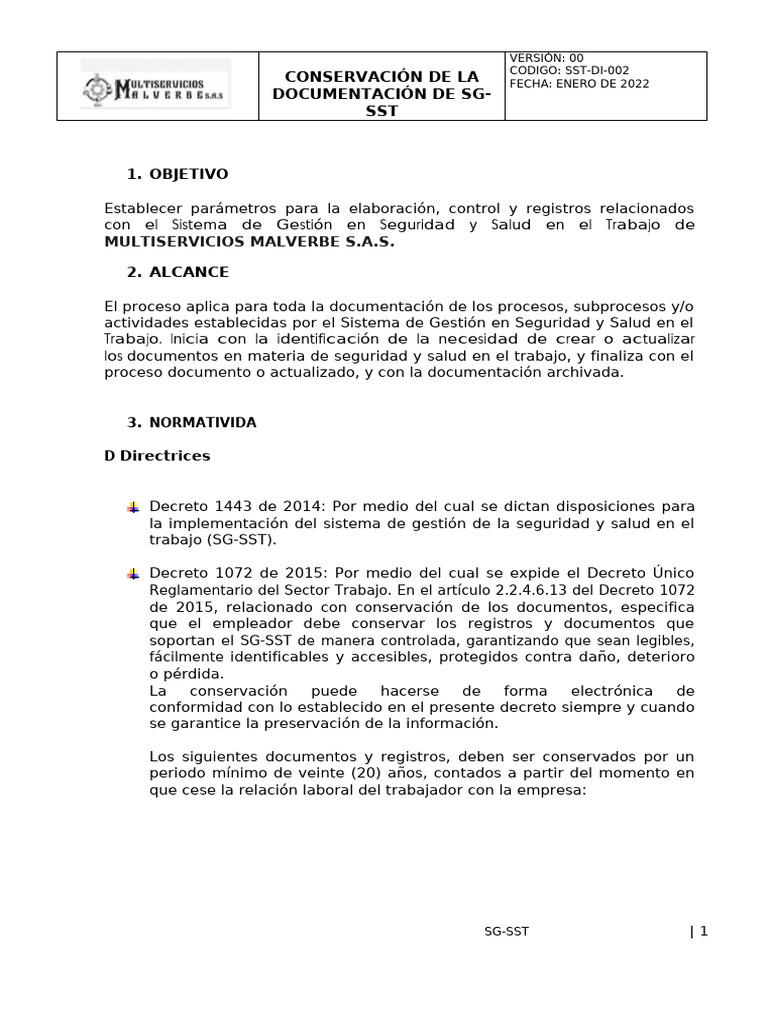 Conservación de La Documentación Del SG-SST | PDF | Gestión de registros | Sistema de manejo de ...